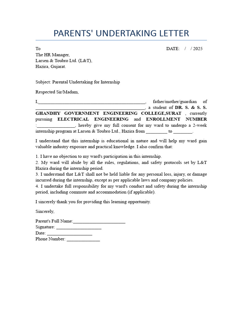 Parents Undertaking Letter | PDF