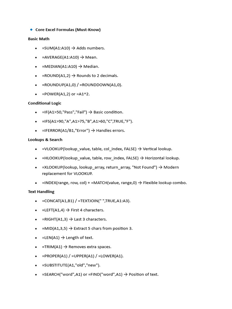Core Excel Formulas for Excel | PDF | Computer Programming | Information Retrieval
