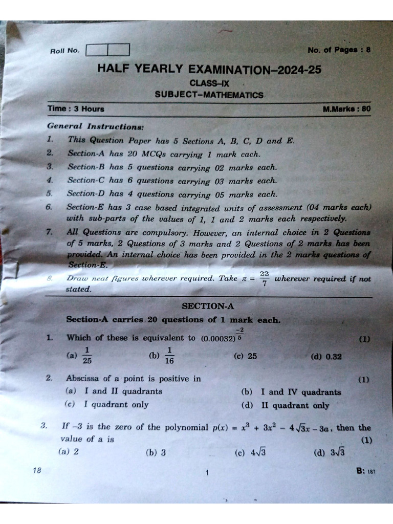 Class IX Math Half Yearly Paper | PDF