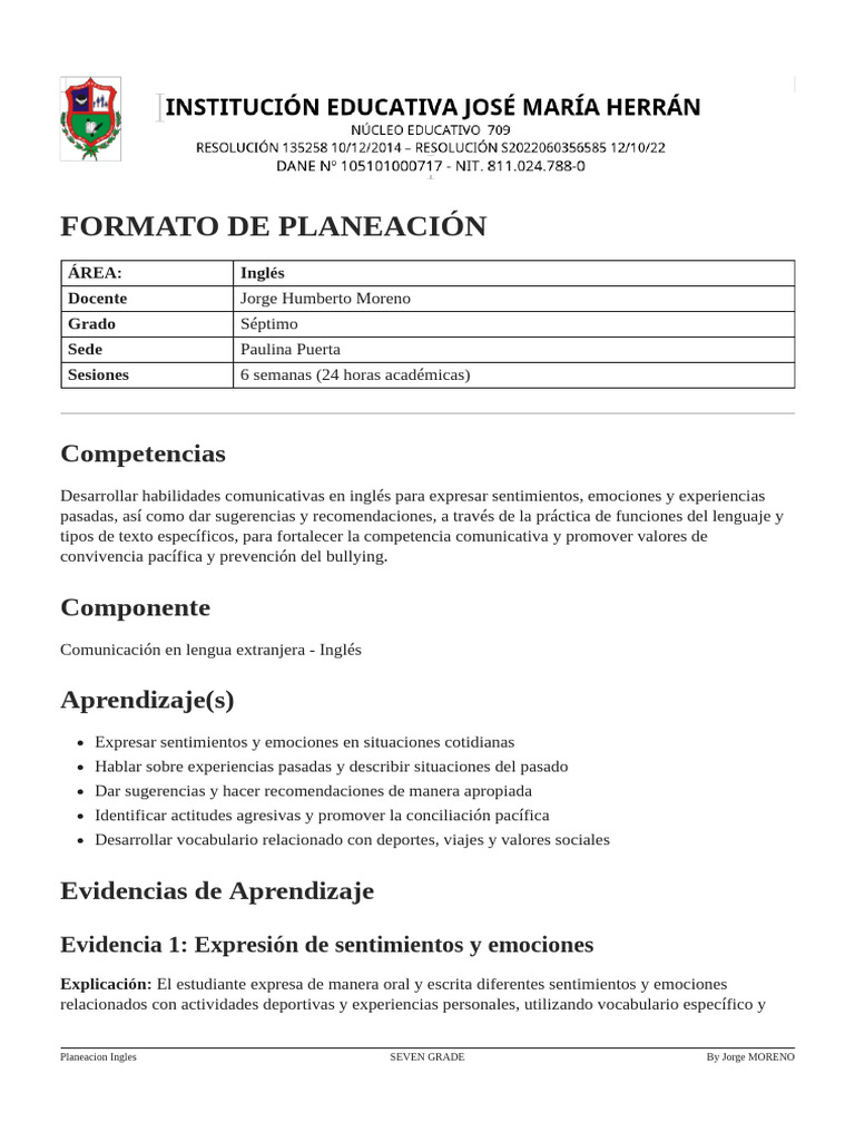 Planeacion-Ingles Septimo Modulo-2 | PDF | Las emociones | Aprendizaje