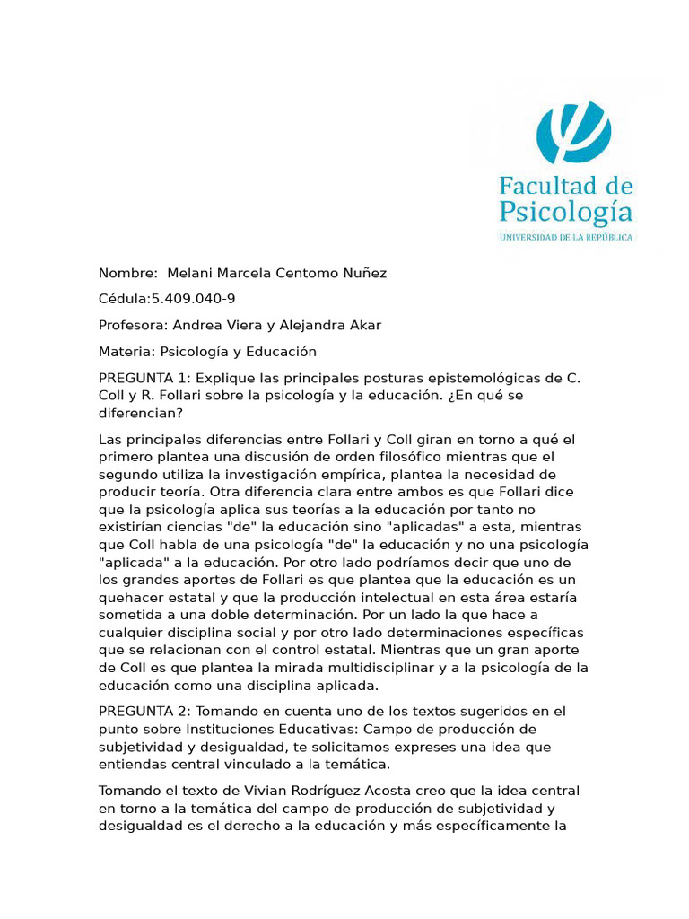 Posturas de Coll y Follari en Psicología educativa | PDF | Sicología ...