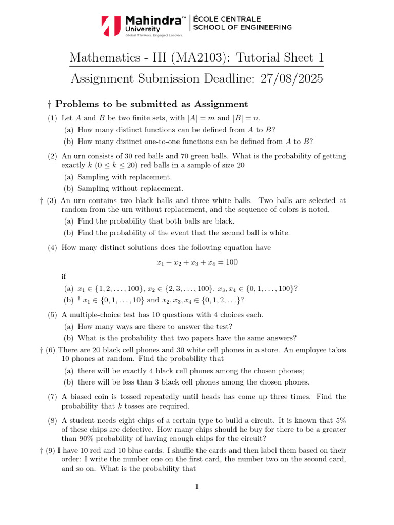MA2103 Tutorial Sheet-1 | PDF | Probability | Mathematics