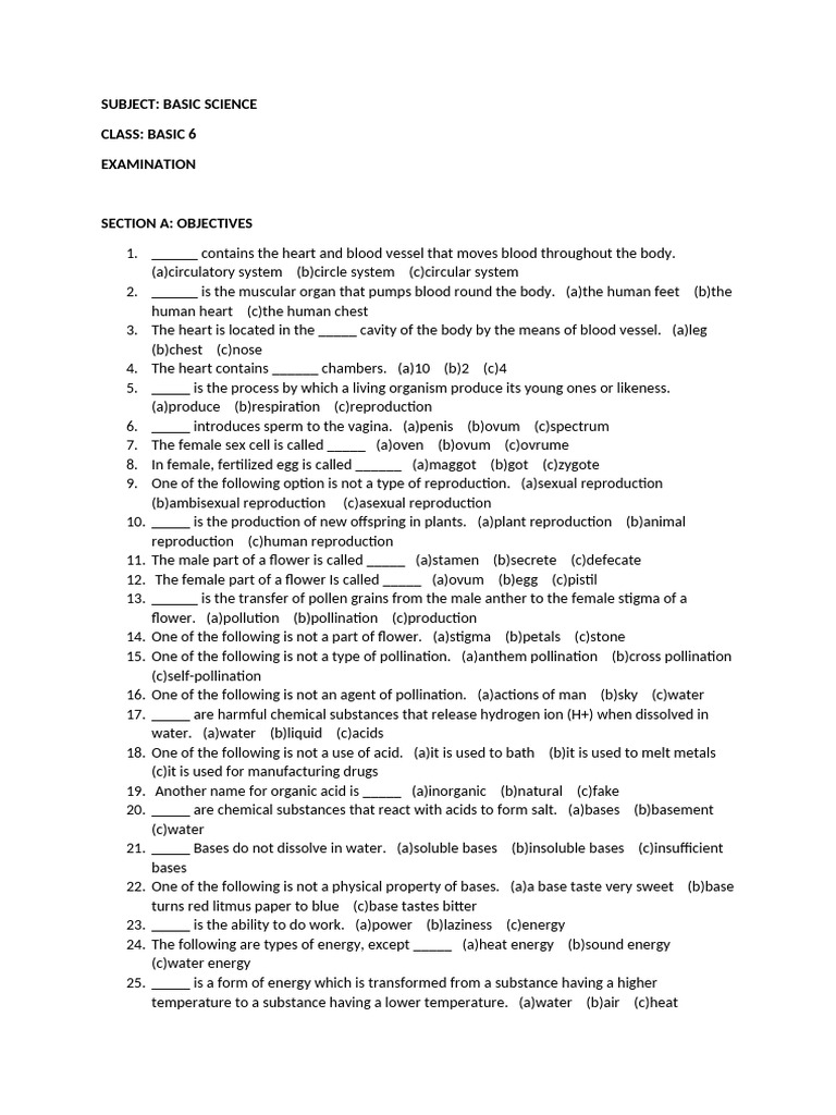 Basic Science Exam for Class 6 Students | PDF | Sexual Reproduction | Water