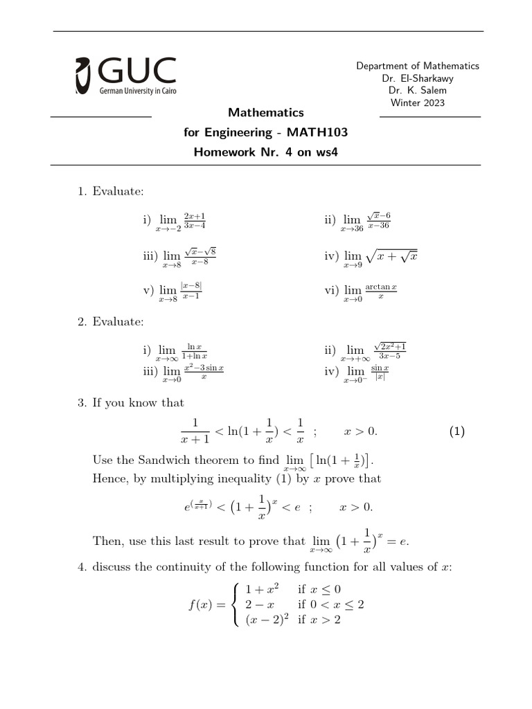 Hw4 - On Ws4 - Some Techniques For Limits of Functions | PDF | Complex Analysis | Mathematical ...