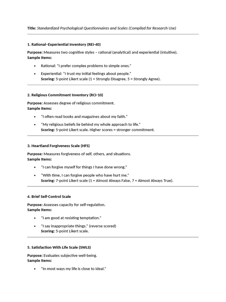 Standardized Psychological Scales Overview | PDF