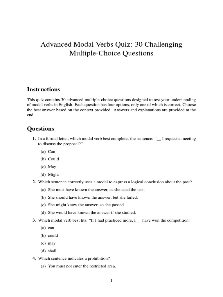 Advanced Modal Verbs Quiz: 30 Challenging Multiple-Choice Questions ...