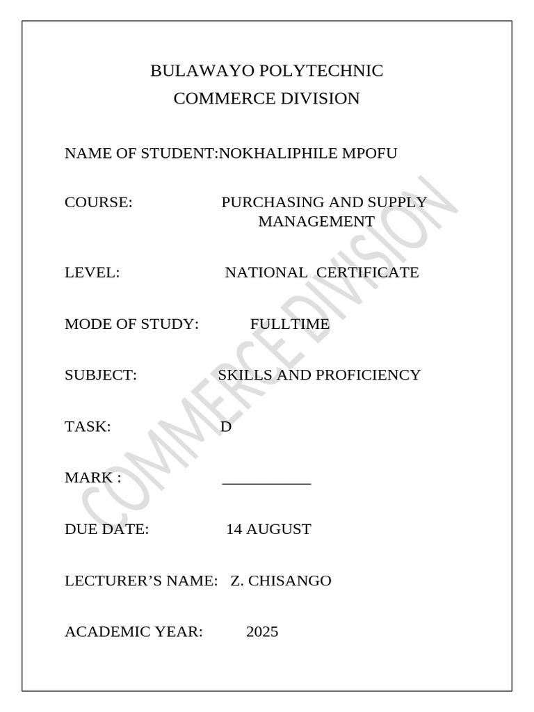 Bulawayo Polytechnic Purchasing Task D | PDF
