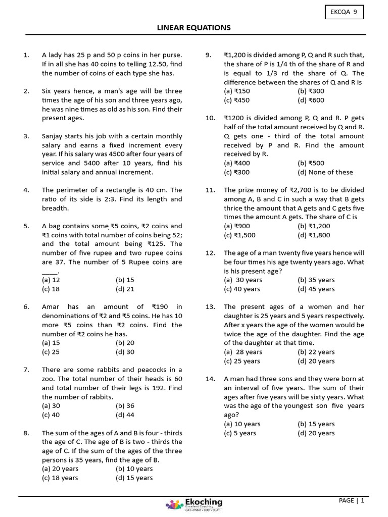 Linear Equations Problem Set | PDF | Rupee | Mathematics