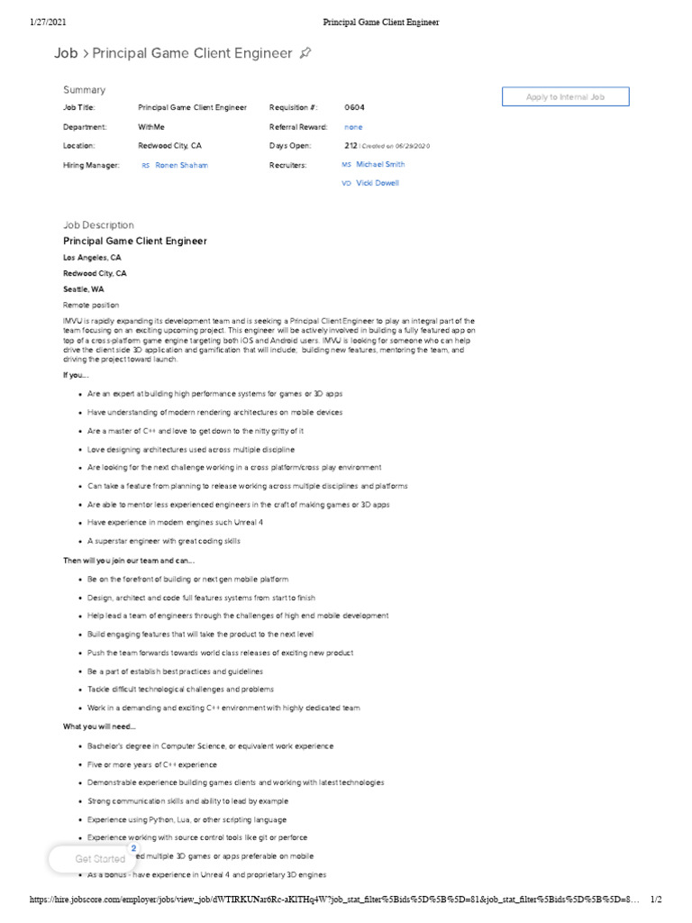 Principal Game Client Engineer | PDF | Mobile App | Computing