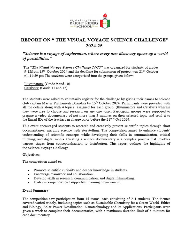 Report On "The Visual Voyage Science Challenge" | PDF | Science | Cognition