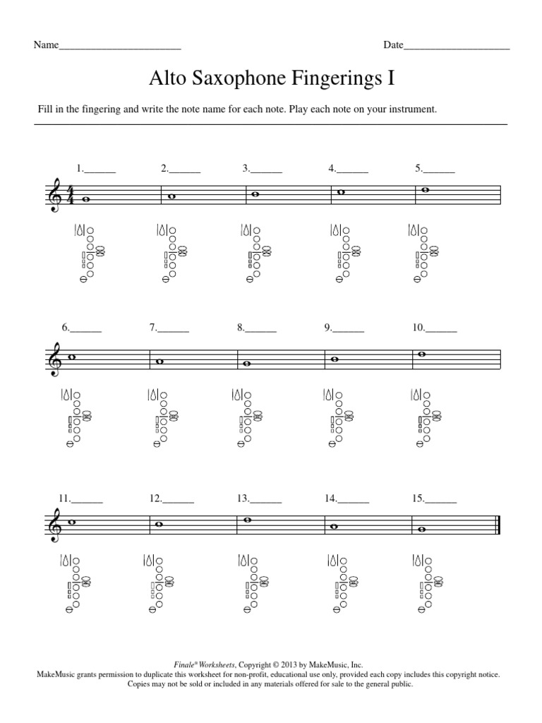 Alto Sax Fingering Worksheet 1 | PDF
