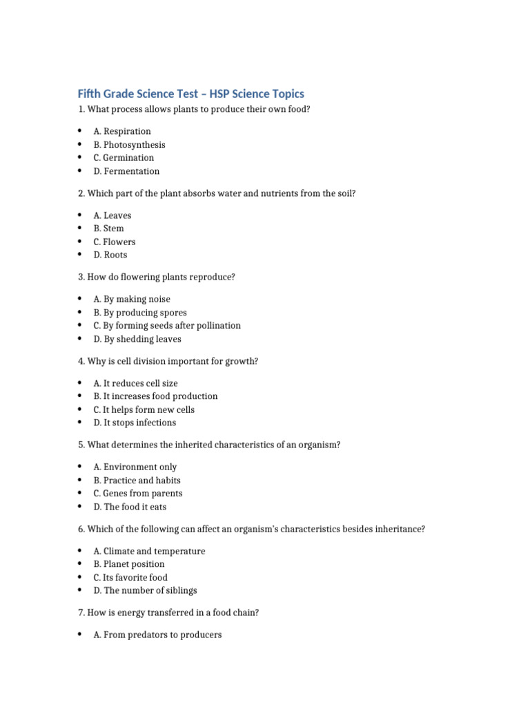 Fifth Grade Science ICFES Test | PDF