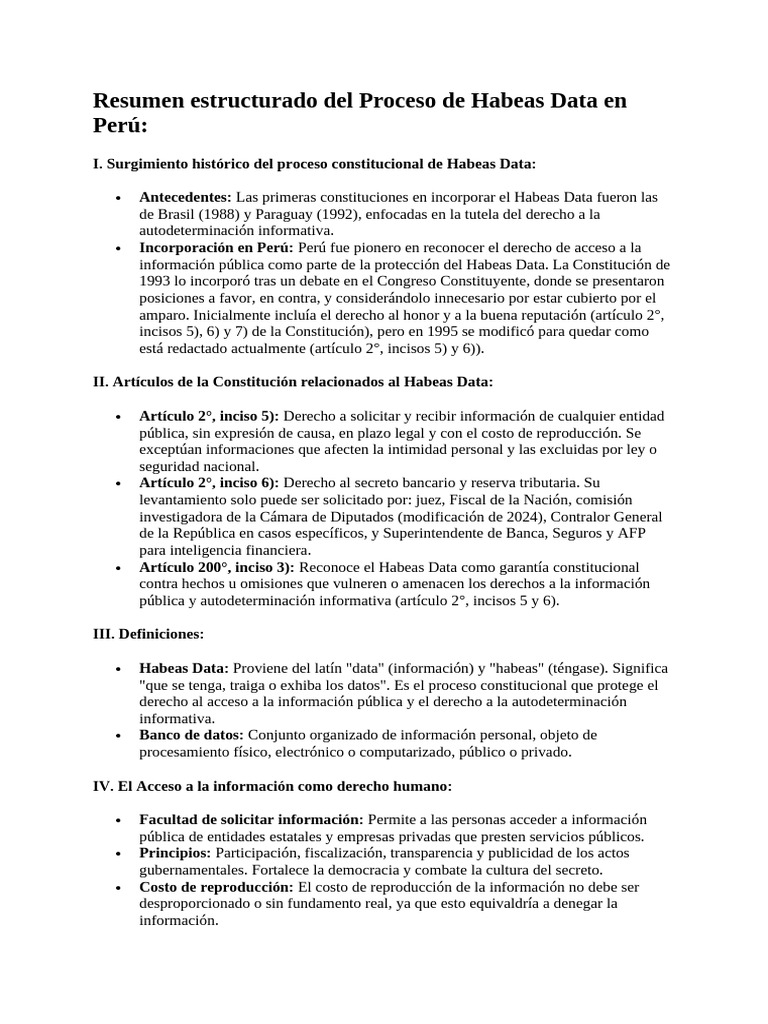 Resumen Estructurado Del Proceso de Habeas Data en Perú | PDF | Habeas corpus | Ley Pública
