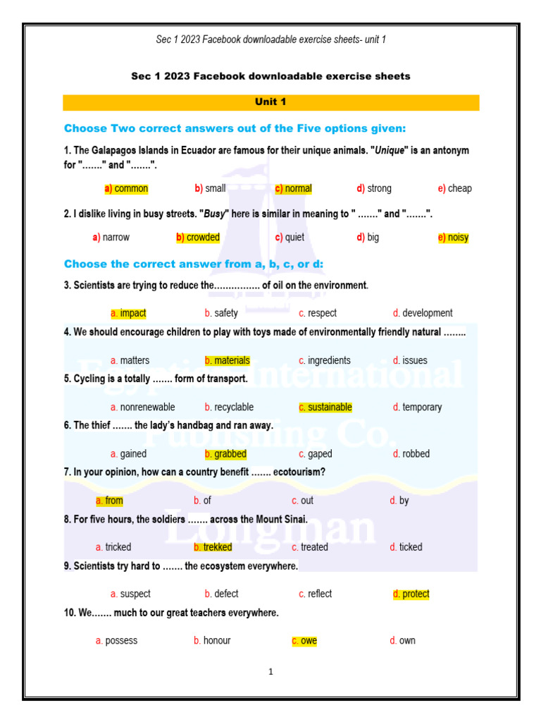 Sec 1 Unit 1 2023 Exercise Answered | PDF | Natural Environment