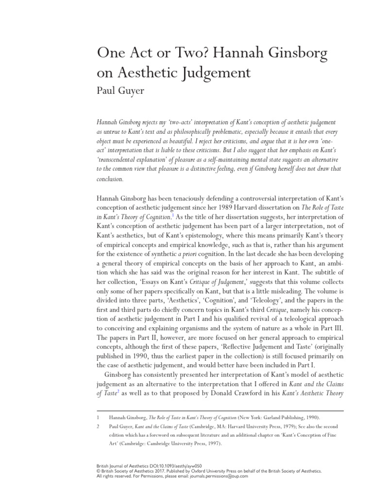 One Act or Two? Hannah Ginsborg On Aesthetic Judgement: Paul Guyer ...