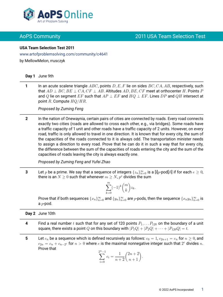 Aops Community 2011 Usa Team Selection Test | PDF | Algebra | Abstract ...