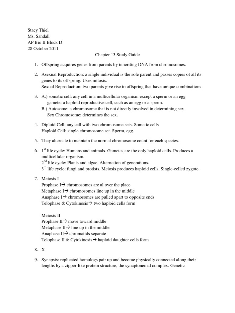 AP Biology Chapter 13 Study Guide | PDF | Meiosis | Ploidy