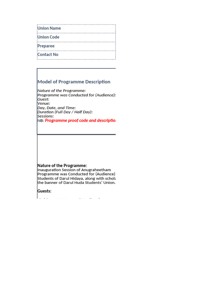 Model of Programme Description: Union Name Union Code Preparee Contact ...