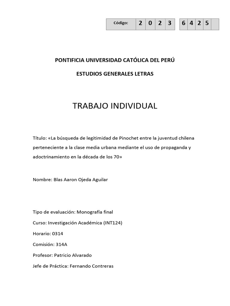 Blas Aaron Ojeda Aguilar Monografía | PDF | Augusto Pinochet | Chile