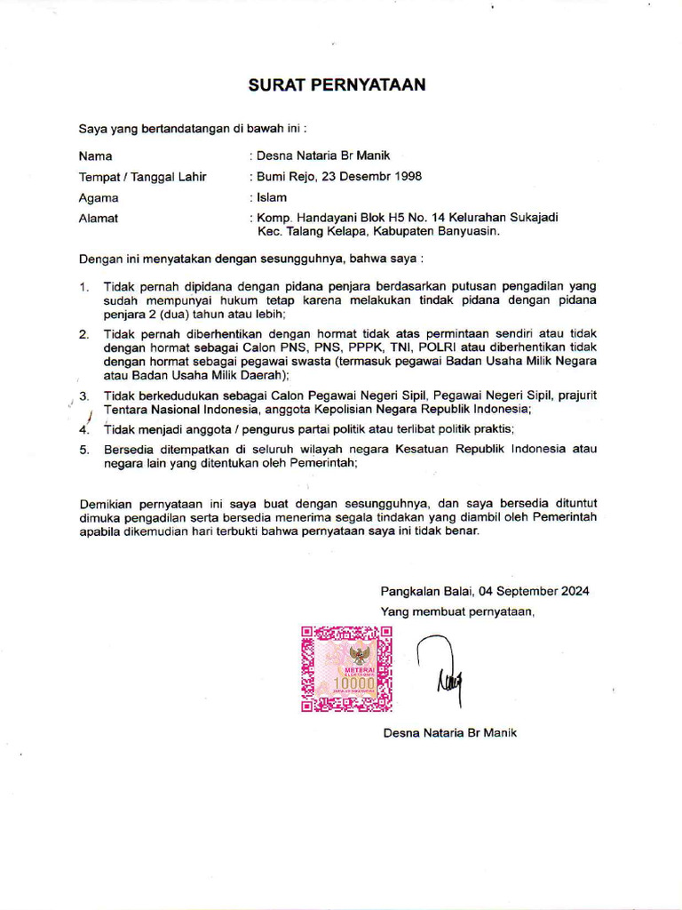 Surat Pernyataan Desna E - Materai | PDF