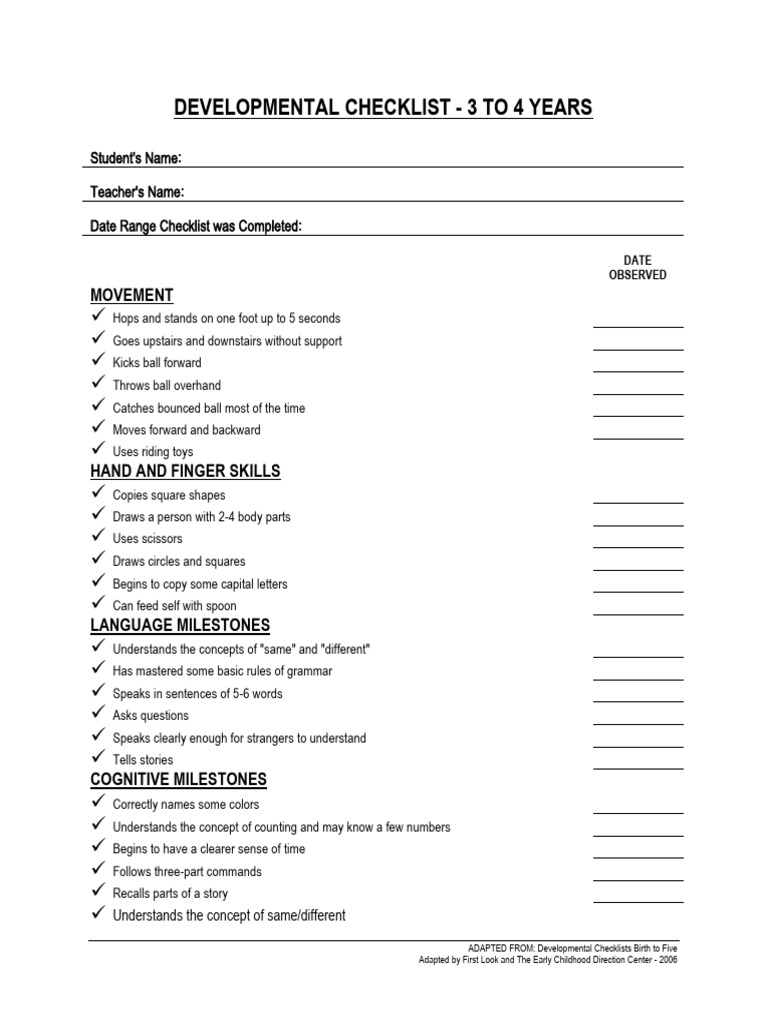 3 To 4 Year Developmental Checklist | PDF | Cognitive Science ...