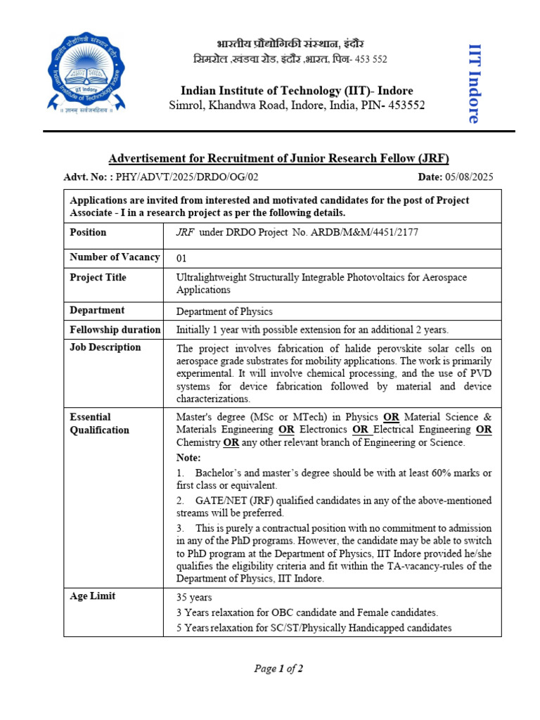 JRF Position in DRDO Project at IIT Indore | PDF