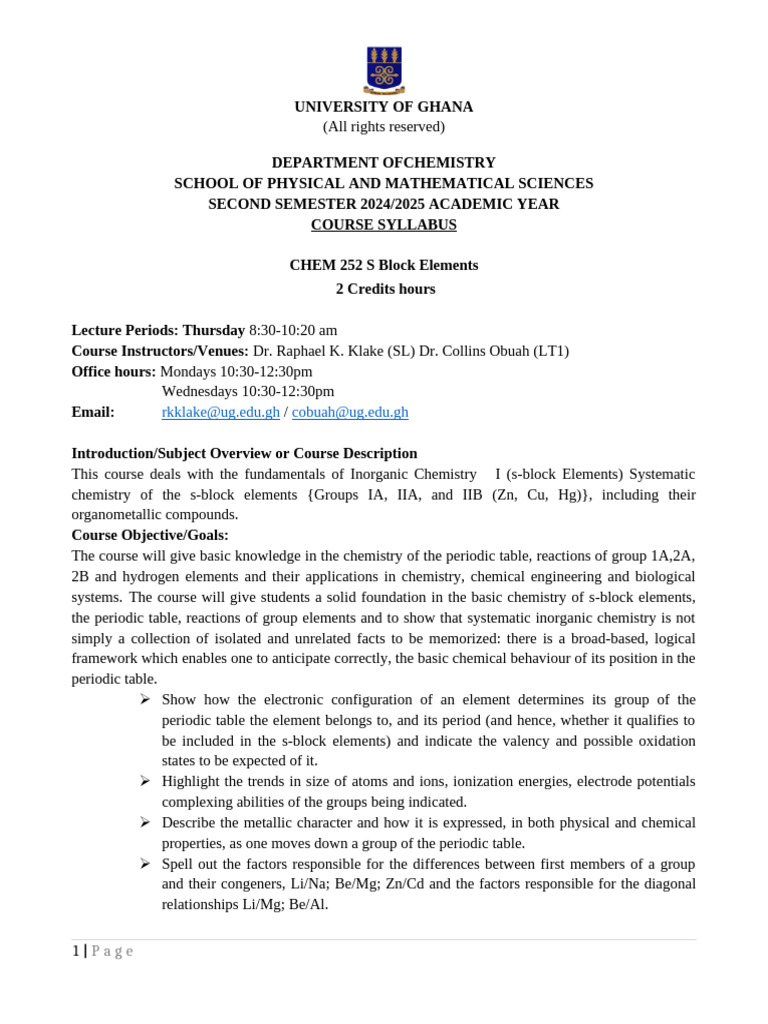 CHEM 252 S-Block Elements Syllabus | PDF | Chemical Compounds | Hydride