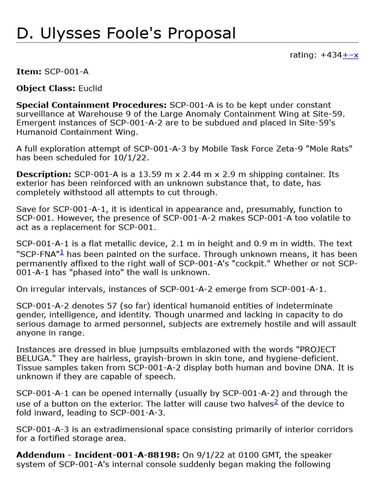 SCP Foundation: D. Ulysses Foole's Proposal VI | PDF