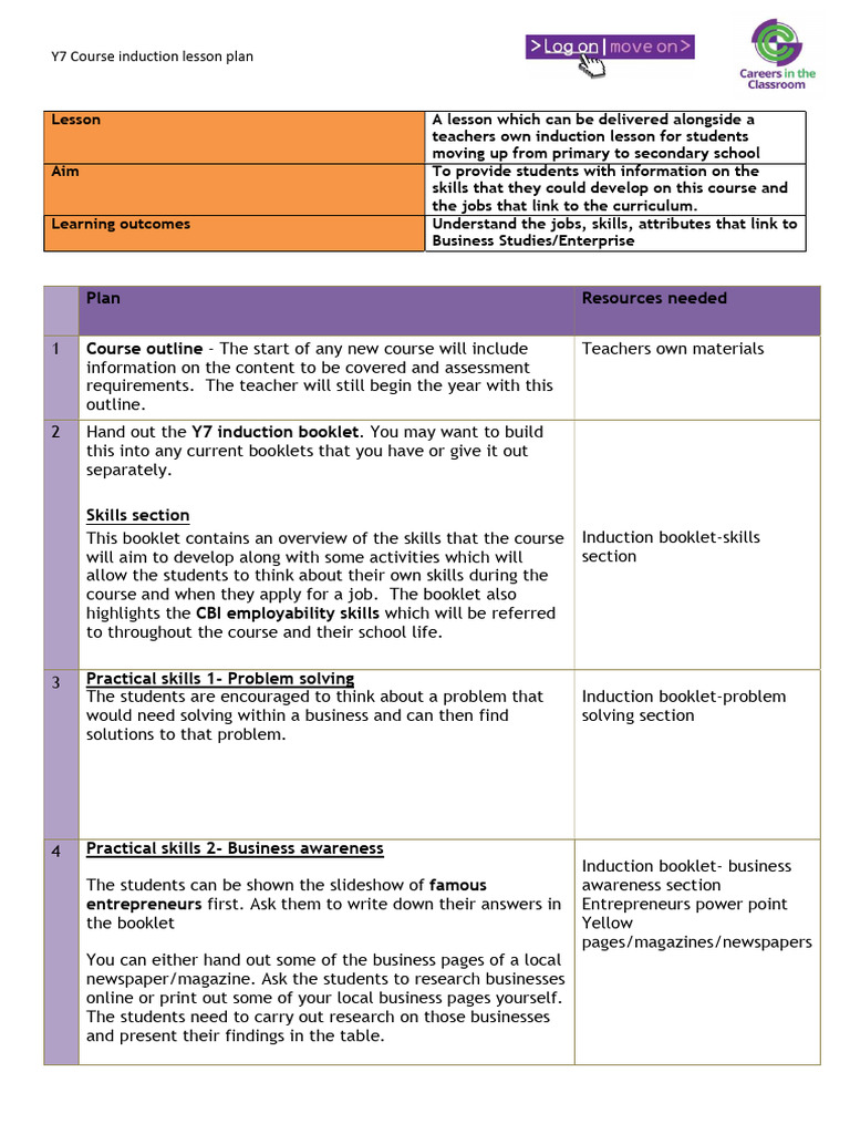 12a Y7 Induction Lesson Plan | PDF | Teachers | Lesson Plan