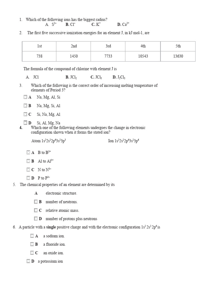 Atomic Structure & The Periodic Table (Multiple Choice) 1 QP | PDF | Ion | Ionic Bonding