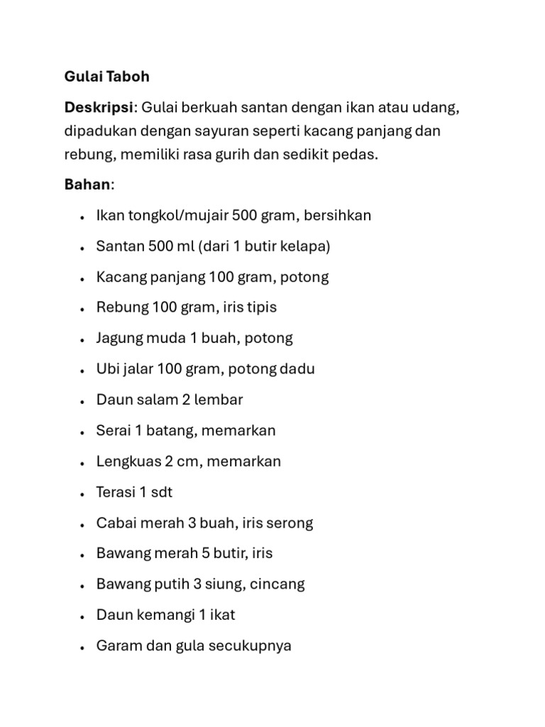 Resep Gulai Taboh Ikan dan Sayuran | PDF
