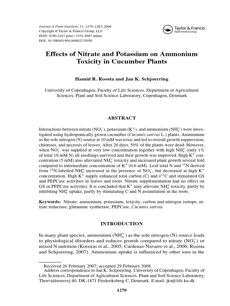 Effects of Nitrate and Potassium On Ammonium Toxicity in Cucumber ...