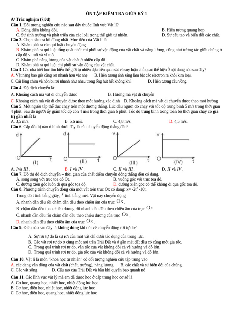 Ôn Tập Kiểm Tra Giữa Kỳ 1 (Lop 10) | PDF