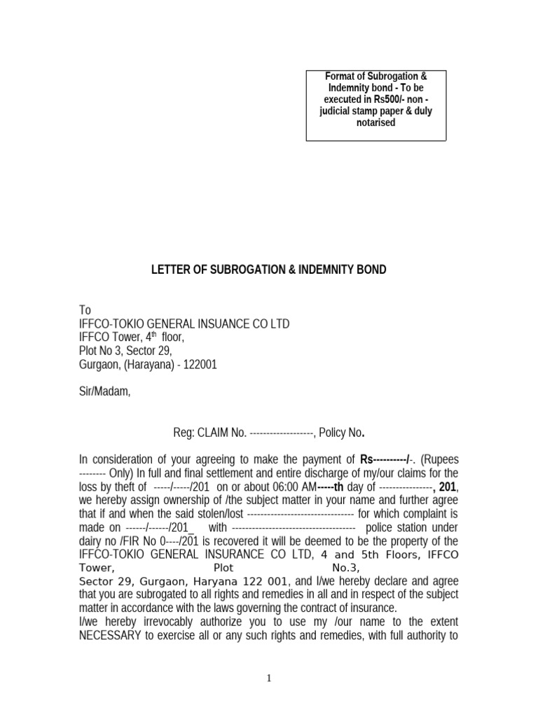 Subrogation and Indemnity Letter Format | PDF | Subrogation | Insurance