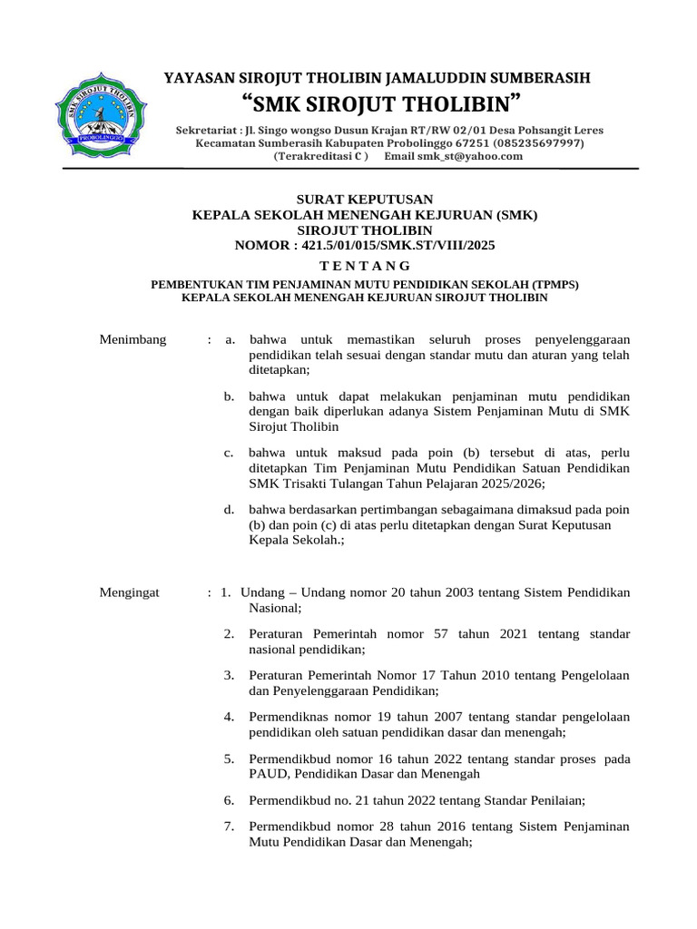 SK Tim Penjamin Mutu Sekolah | PDF