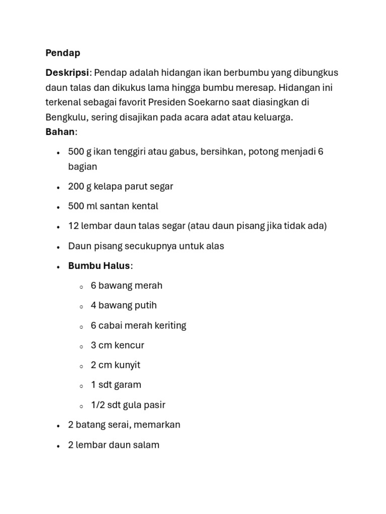 Resep Pendap Ikan Kukus Khas Bengkulu | PDF