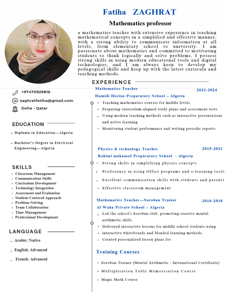 Mathematics Teacher Profile: Fatiha Zaghrat | PDF | Learning | Intelligence
