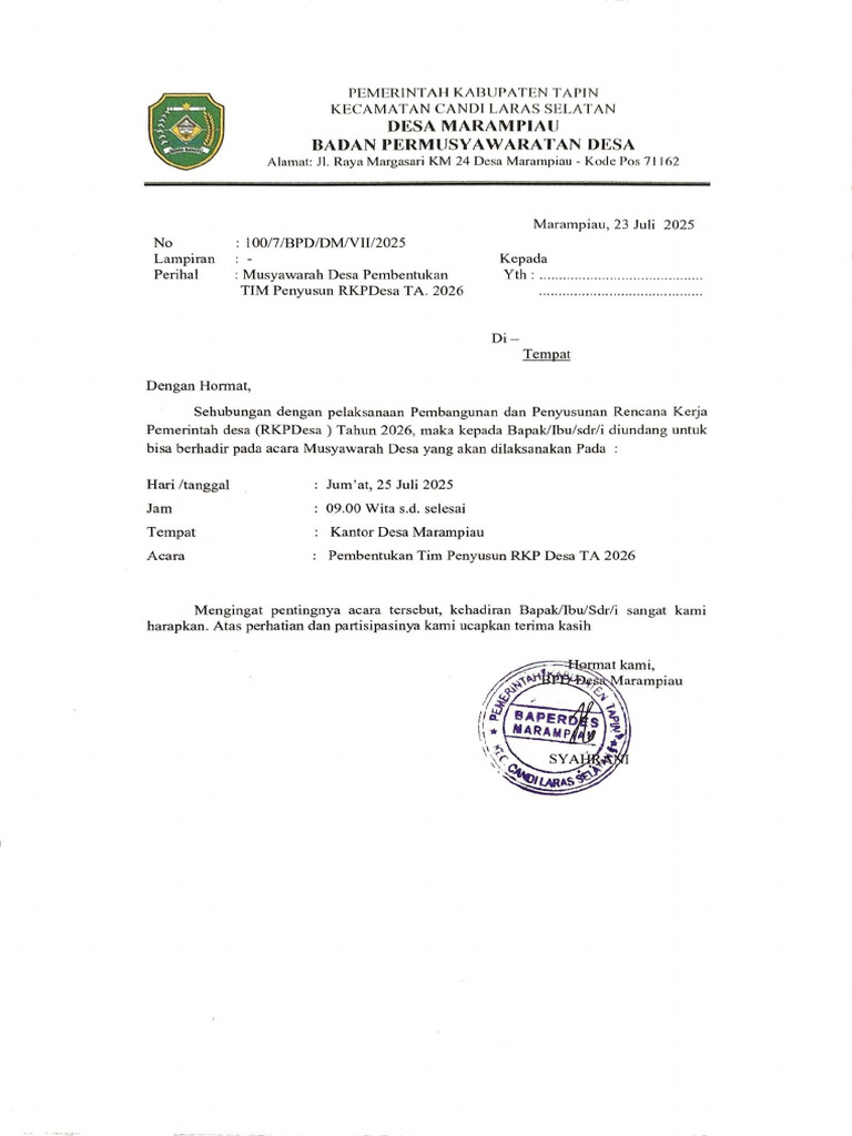Undangan Musdes Pembentukan Tim Penyusun RKP Desa TA.2026 Dan Rembug ...