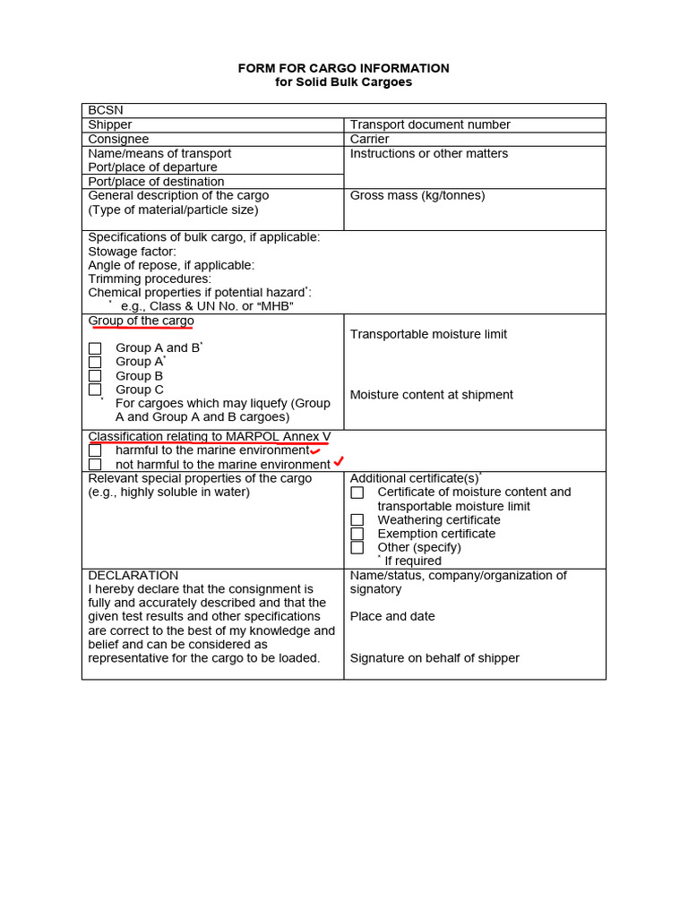 Cargo Information Form for Bulk Shipping | PDF