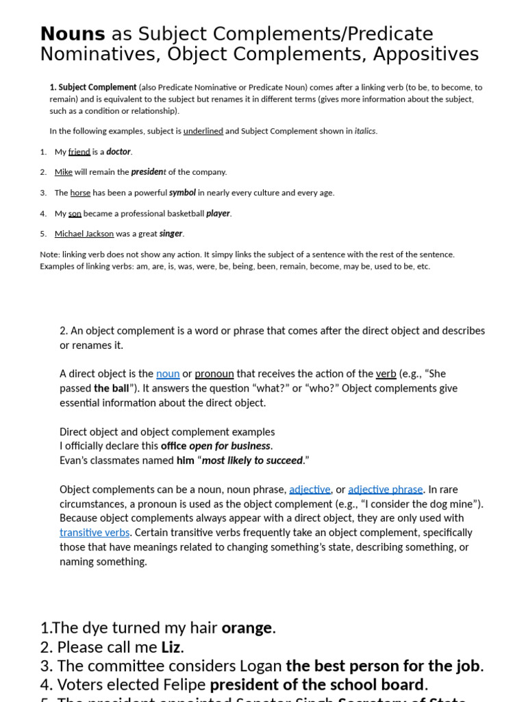 Nouns As Subject Complements Predicate Nominatives, Etc | PDF | Subject ...