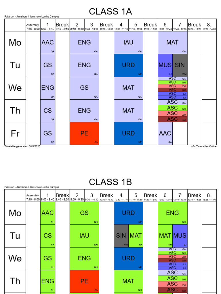 Junior Classes Timetable 30th August | PDF