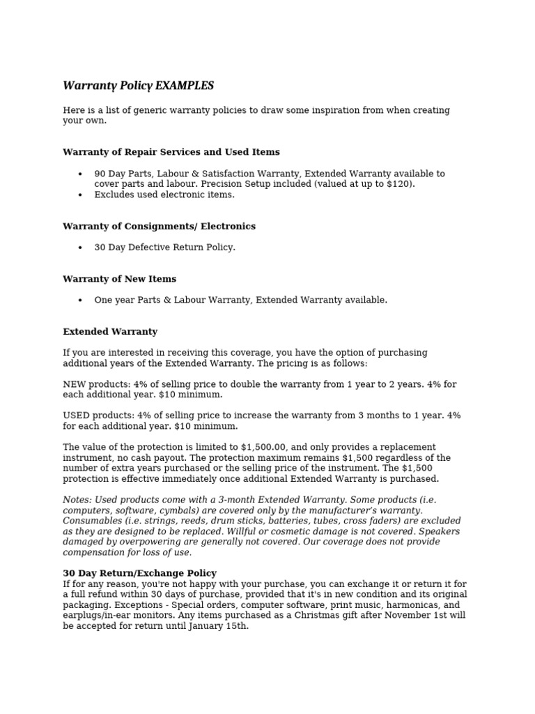 Retail - Warranty Policy EXAMPLES | PDF