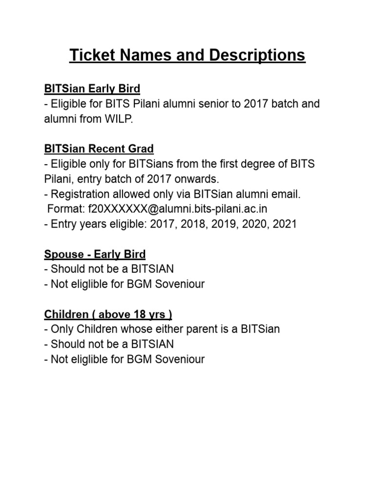 Ticket Names and Descriptions | PDF