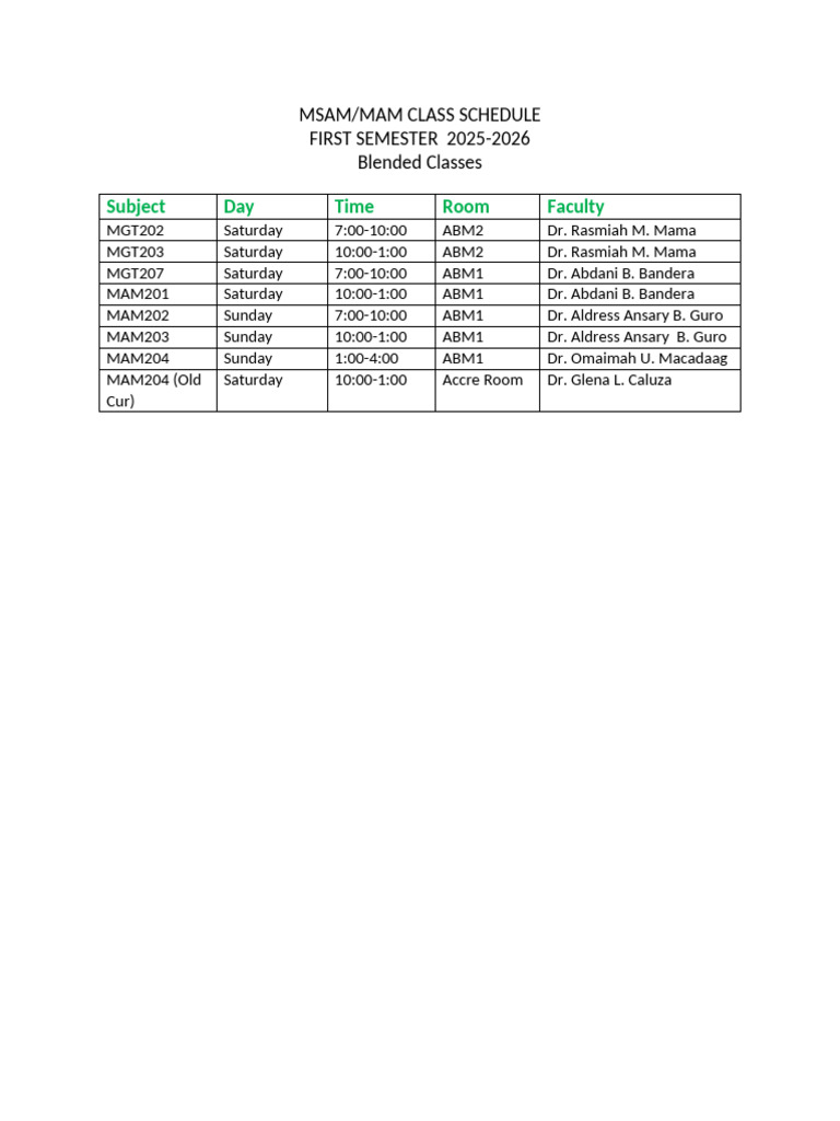 Mam Msam Class Sked Ist Sem. 2025 2026 | PDF