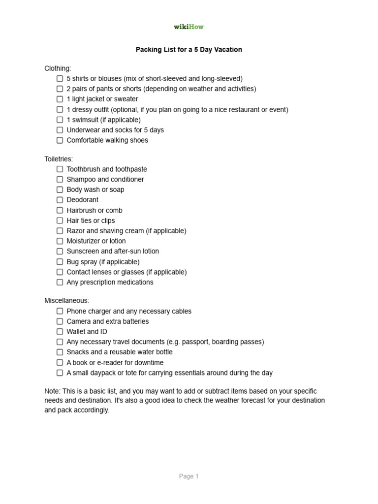 5-Day Vacation Packing Guide | PDF