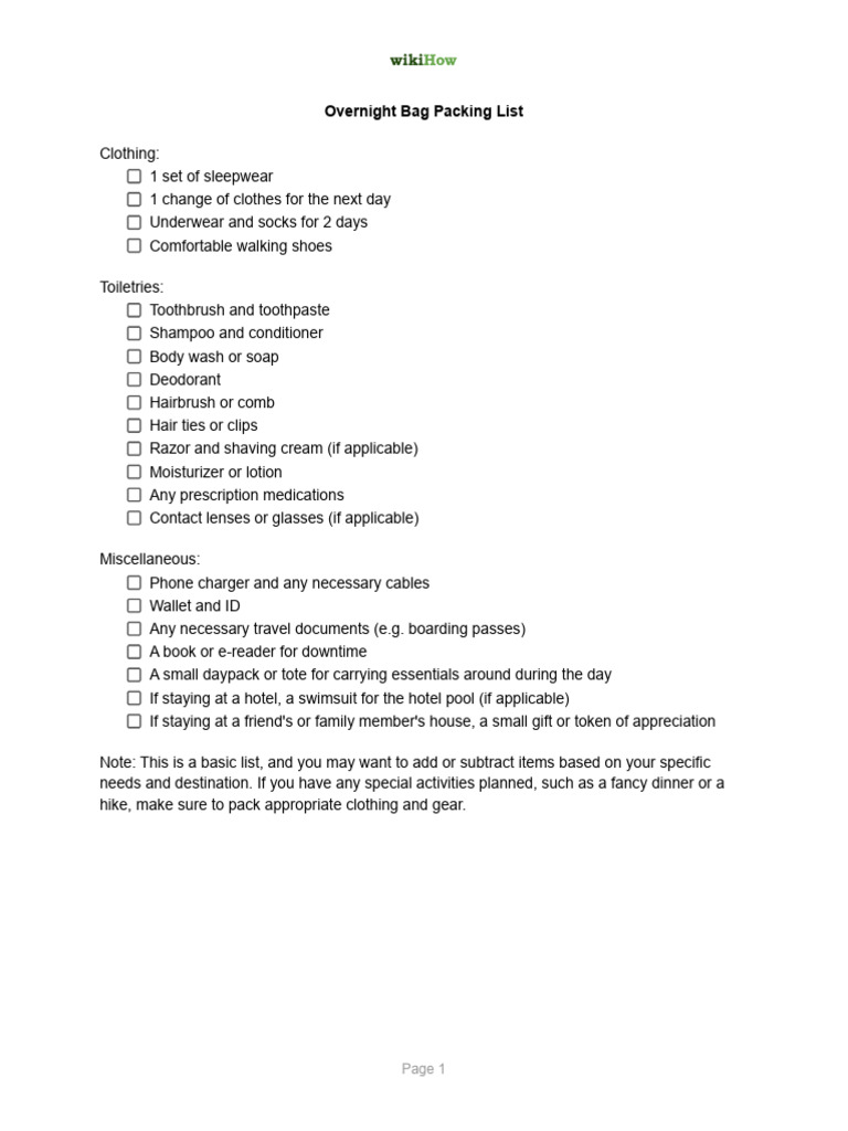 Essential Overnight Bag Packing List | PDF