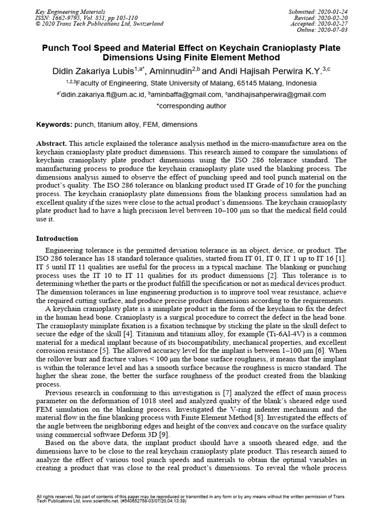 Punch Tool Speed and Material Effect On Keychain Cranioplasty Plate Dimensions Using Finite ...