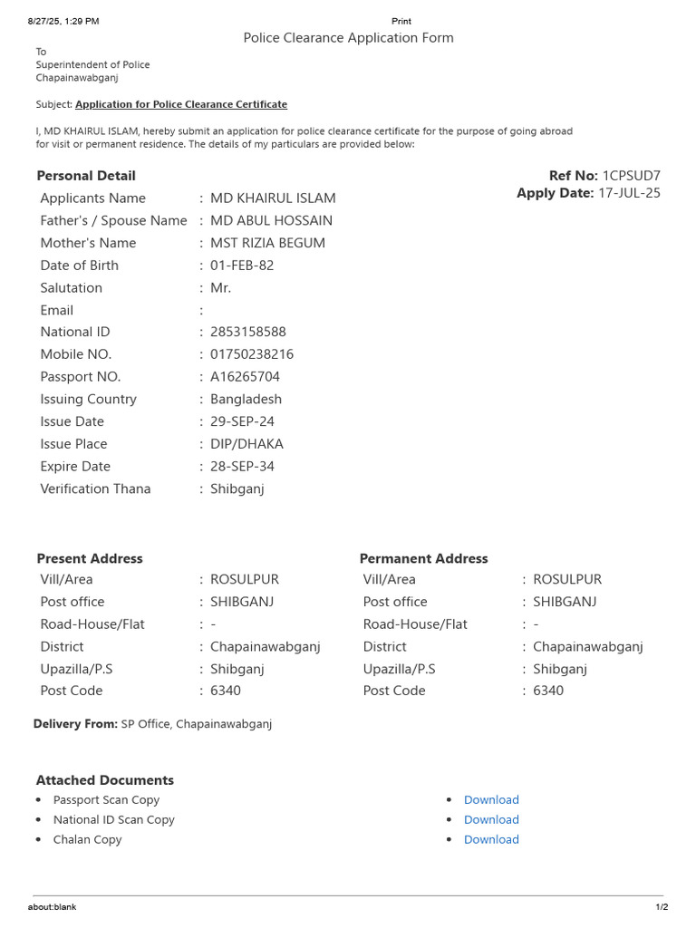 Police Clearance Certificate Application | PDF | Government And Personhood