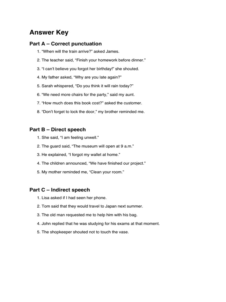 Punctuation and Speech Practice Answers | PDF
