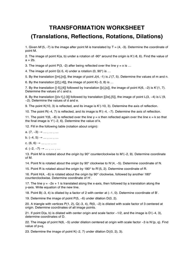 Transformation Geometry Worksheet Answers | PDF | Cartesian Coordinate ...
